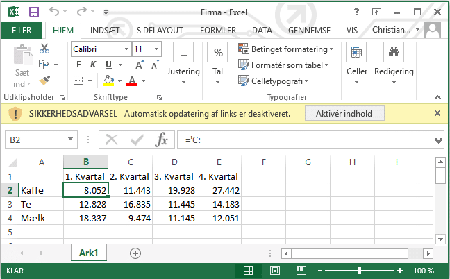 Opret kæder mellem regneark i Excel